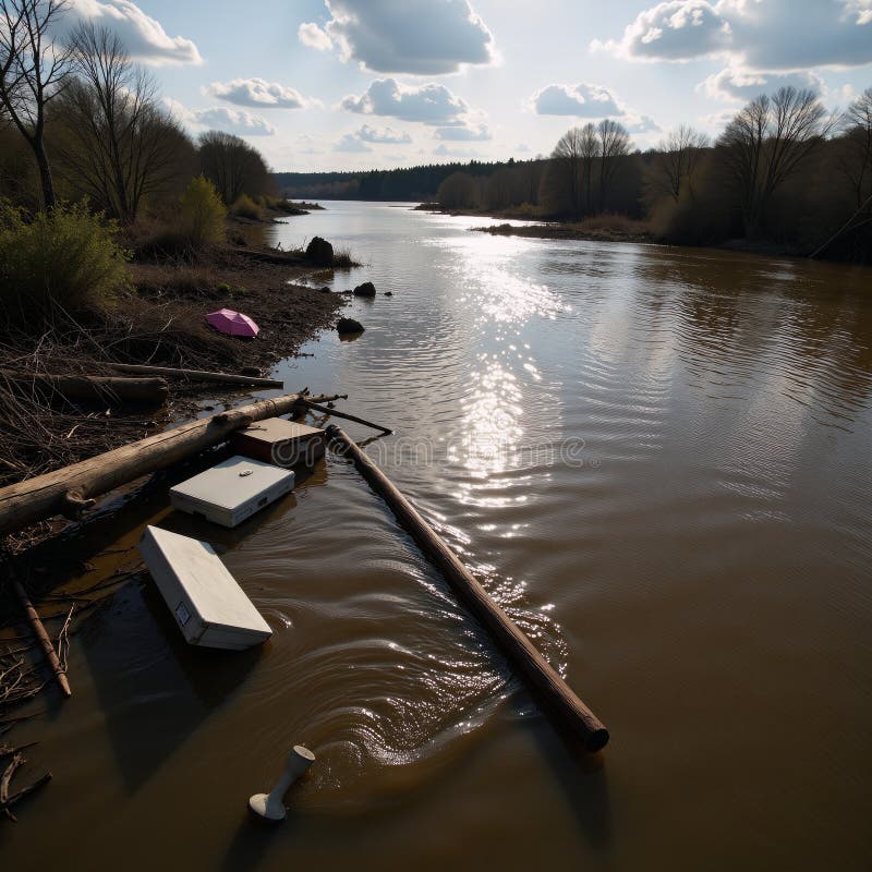 Flooded River Landscape with Sunrays Breaking through Cloud Cover Stock ...