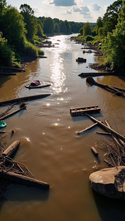 Flooded River Landscape with Sunrays Breaking through Cloud Cover Stock ...