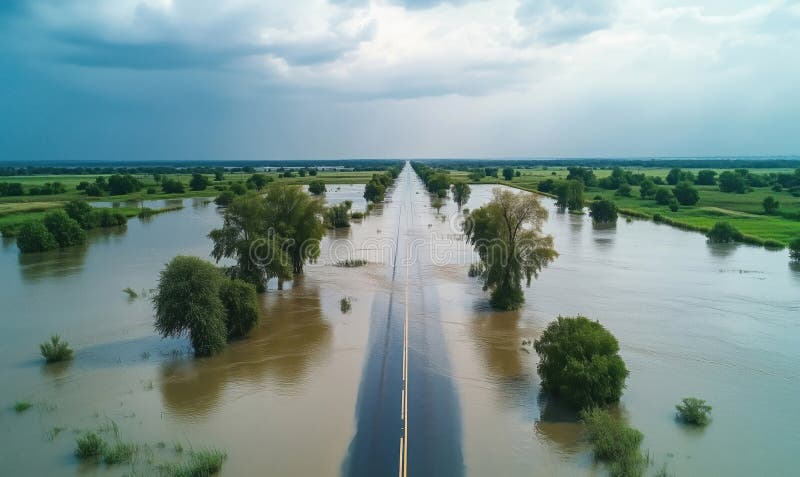 Flooded Road Landscape with Submerged Trees and Fields, Dramatic Sky ...