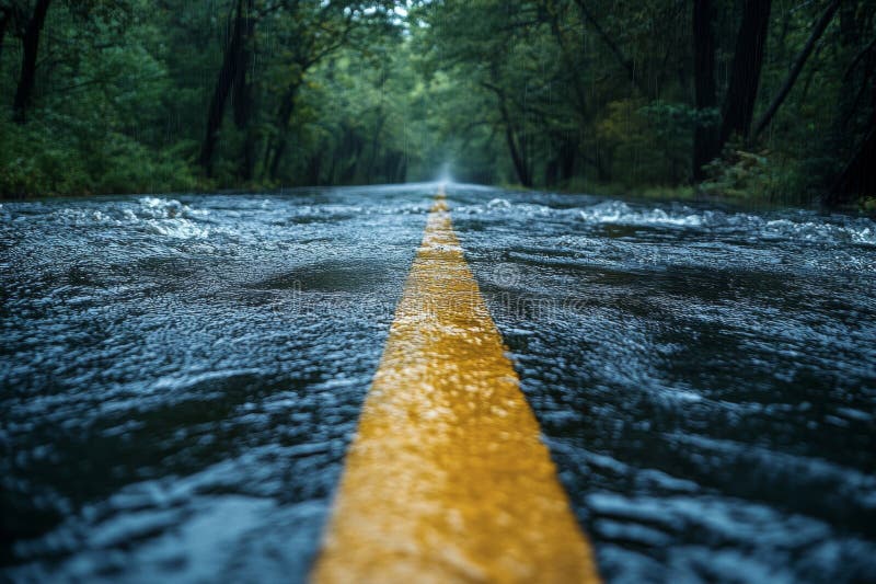 Flooded Road with Yellow Dividing Line during Heavy Rain. Generated by ...