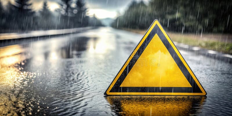 Flooded Roadway Warning a Yellow Triangle Sign in Heavy Rainfall ...