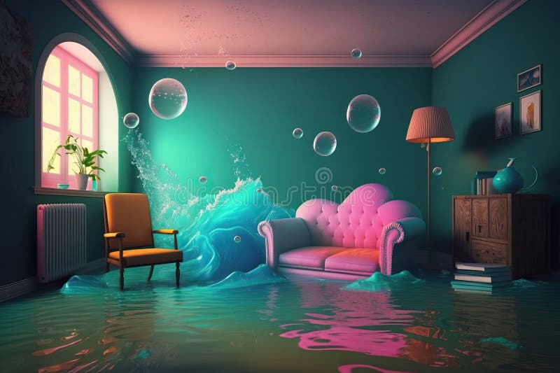 A Flooded Room with a Colorful Interior, Generative AI. Stock ...