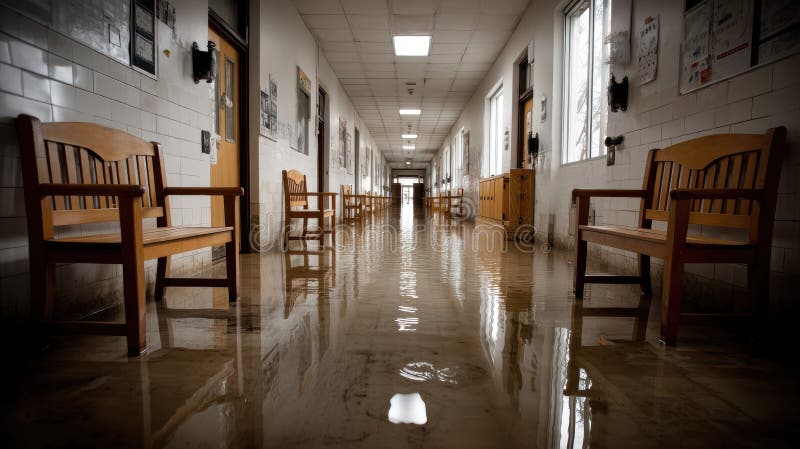 Flooded School Hallway with Waterlogged Floor and Benches Stock ...