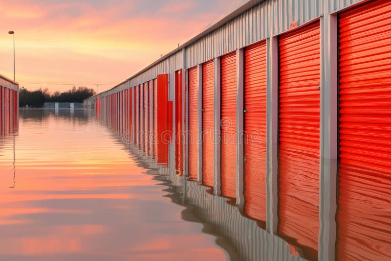 Flooded Storage Facility with Orange Doors Reflecting Sunset Sky, AI ...