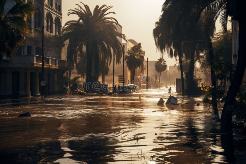 A Flooded Street of a Tropical Town with a Stream of Water in Which ...