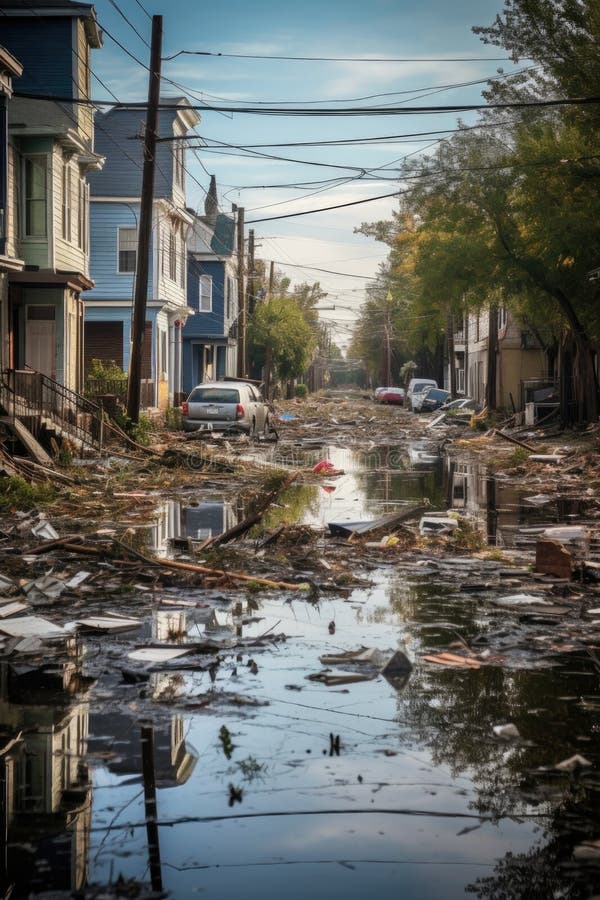 Flooded Streets and Floating Debris after Hurricane Stock Illustration - Illustration of ...