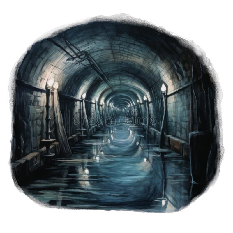 A Flooded Underground Tunnel with Stone Walls and Dim Lights Stock ...