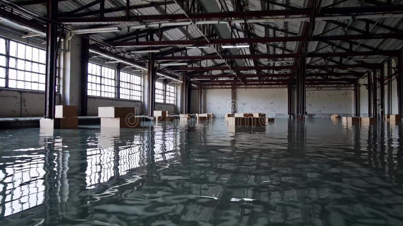 Flooded Warehouse Interior Showcases Industrial Structure with Water ...
