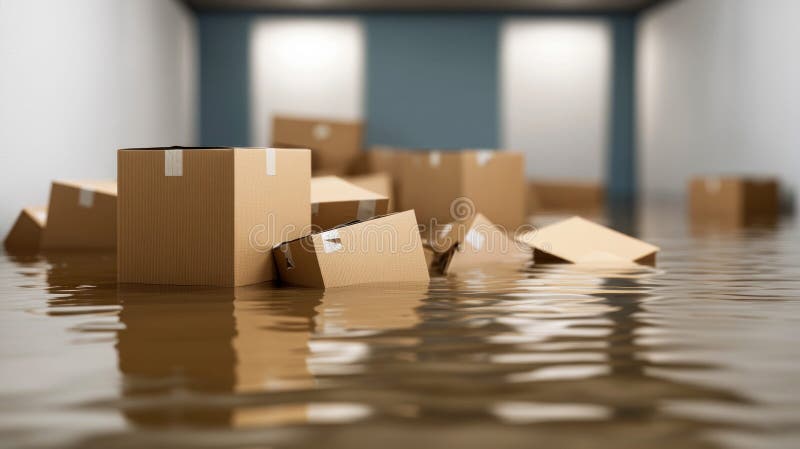 Flooded Warehouse with Water-Damaged Cardboard Boxes Stock Illustration ...
