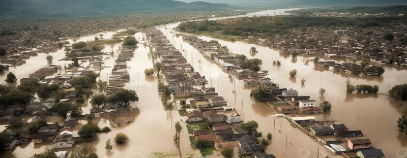 Flooding Causes Devastation, Aerial View of Small City after a Storm ...