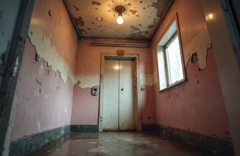 Flooding Elevator Entrance with Water Damage. Peeling Paint, Wet Floor ...