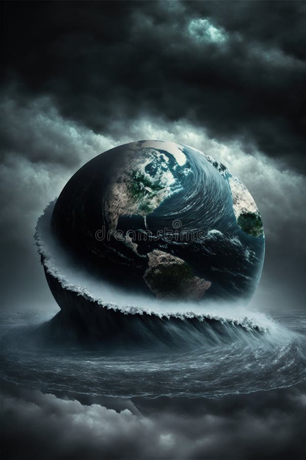 Flooding Globe with Waves of Sea and Dark Clouds Created Using ...