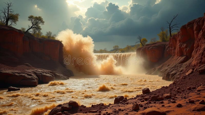 Floodwaters Rush Over a Waterfall Creating a Dramatic Natural Spectacle ...