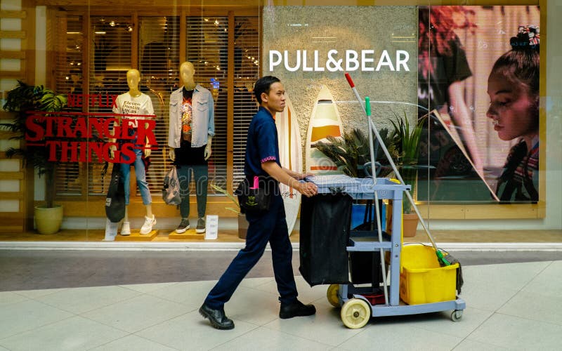 A Floor Cleaner in the Mall, in Front of the Pull & Bear Shop, Bandung ...