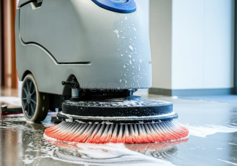Floor Cleaning Machine Scrubbing a Surface with Soap and Water Stock ...