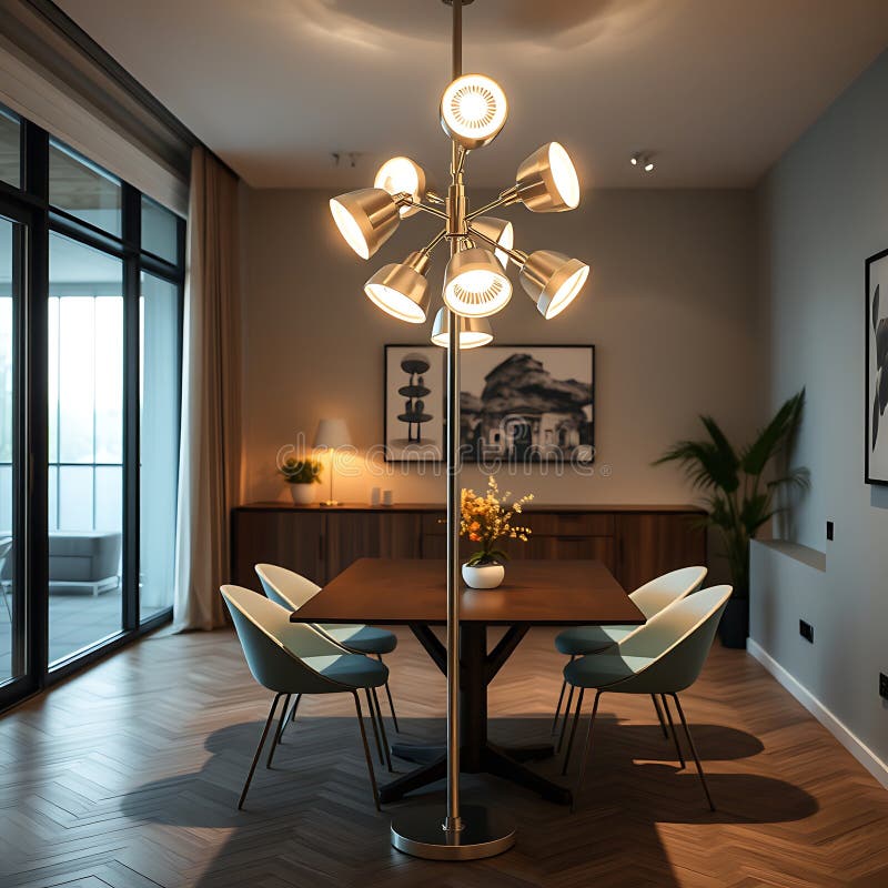 A Floor Lamp with Multiple Rotating Light Heads Casting Bright Light ...