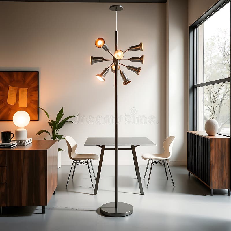 A Floor Lamp with Multiple Rotating Light Heads Casting Bright Light ...