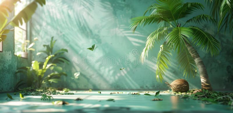 The Floor with Leaves Floating in the Air and a Coconut Tree Stock ...