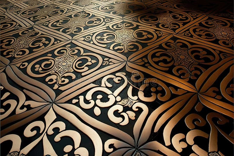 A Floor with a Pattern of Gold and Black Colors on it and a Window in ...