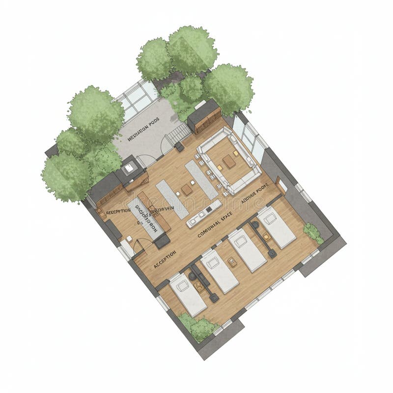 Floor Plan of a Building Includes Reception Area, Communal Space, and ...