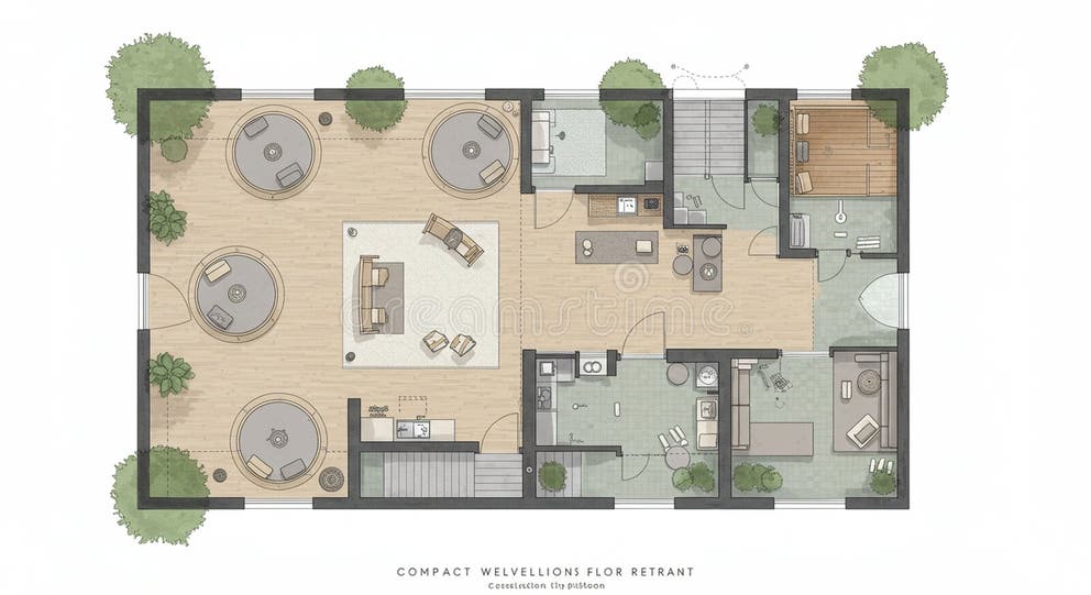 Floor Plan of a Compact, Multi-level Building Featuring Several Circular and Rectangular Stock ...