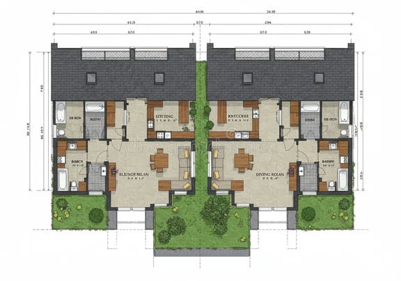 Floor Plan of a Duplex Residence Featuring Two Mirrored Units. Each ...