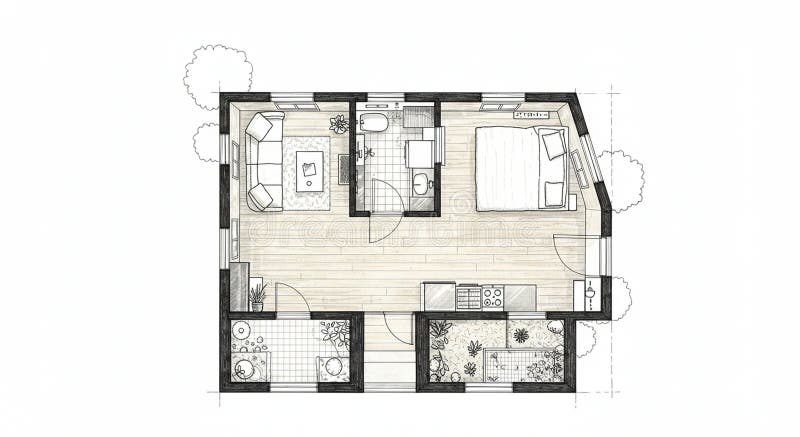 Floor Plan Features a Small, Rectangular Home. Central Living Room with ...