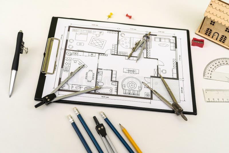 Floor Plan of a House with Work Tool on Desk Stock Photo - Image of ...