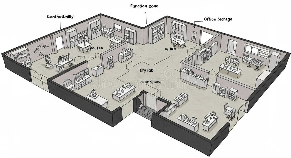 Floor Plan of a Laboratory Facility Divided into Several Sections: a Wet Lab, Dry Lab, Stock ...