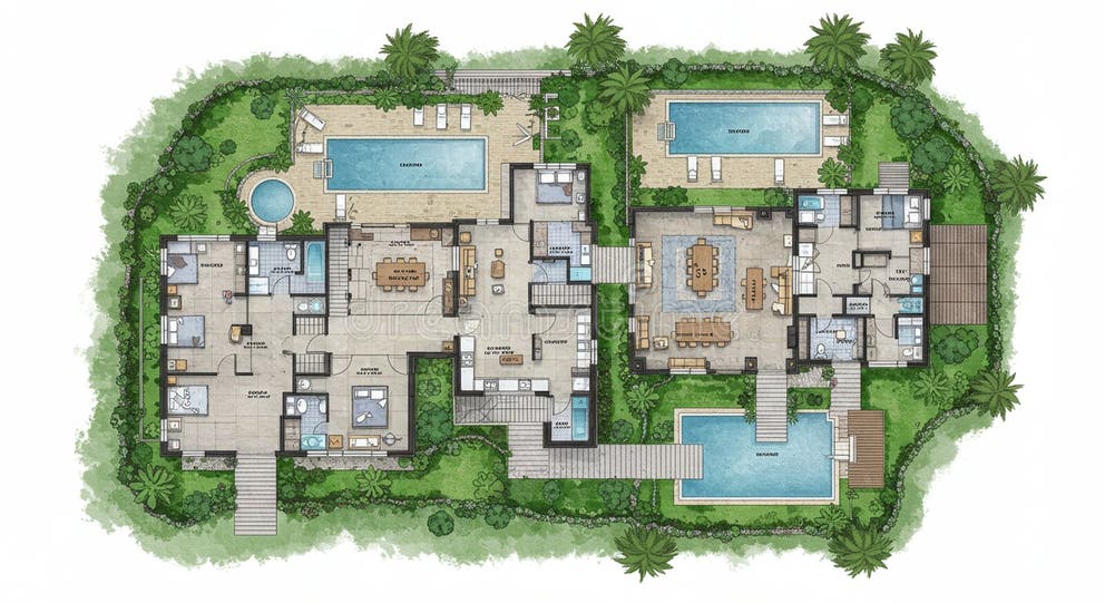 Floor Plan of a Large, Multi-sectioned House Surrounded by Lush ...