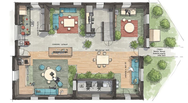 A Floor Plan of a Modern Office Layout Featuring Various Functional ...