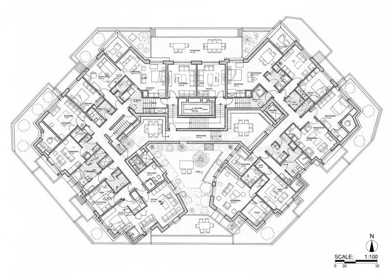 Floor Plan of a Multi-unit Residential Building with a Hexagonal Stock ...