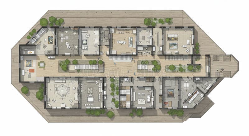 Floor Plan of an Octagonal Building Featuring Multiple Rooms Around a ...