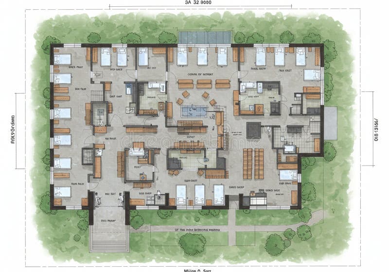 Floor Plan of a Rectangular Building with Landscaped Surroundings. the ...