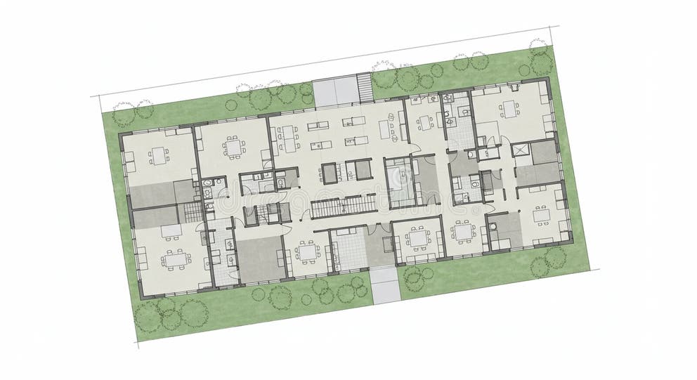 Floor Plan of a Rectangular Building with Multiple Rooms, Organized ...