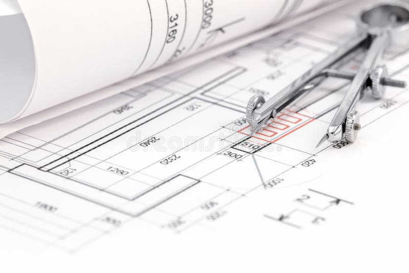 Floor Plan with Rolled Blueprint and Drawing Compass Stock Image ...