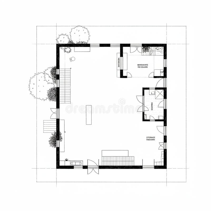 Floor Plan of a Square Building with Entry Doors on Three Sides. the ...