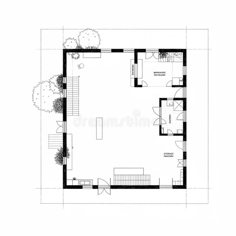 Floor Plan of a Square Building with Entry Doors on Three Sides. the ...