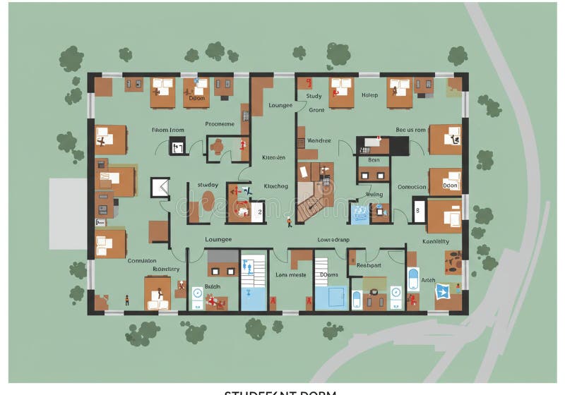 Floor Plan of a Student Dormitory Featuring Various Labeled Rooms and ...