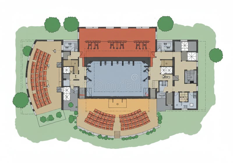 Floor Plan of a Theater Complex Featuring a Central Stage Flanked by ...