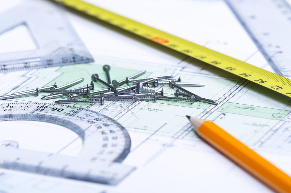 Floor plan and tools stock photo. Image of measure, build - 1944188