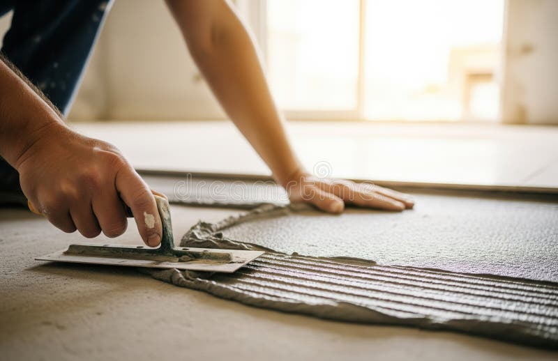 Concrete Floor Receives Tile Underlay with Workers Hand Moving Trowel ...