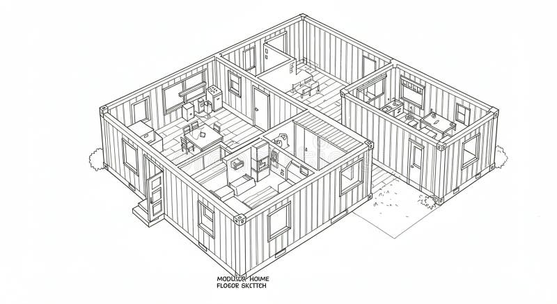 Floor Sketch of a Modular Home, Showing a Rectangular Layout with Three ...