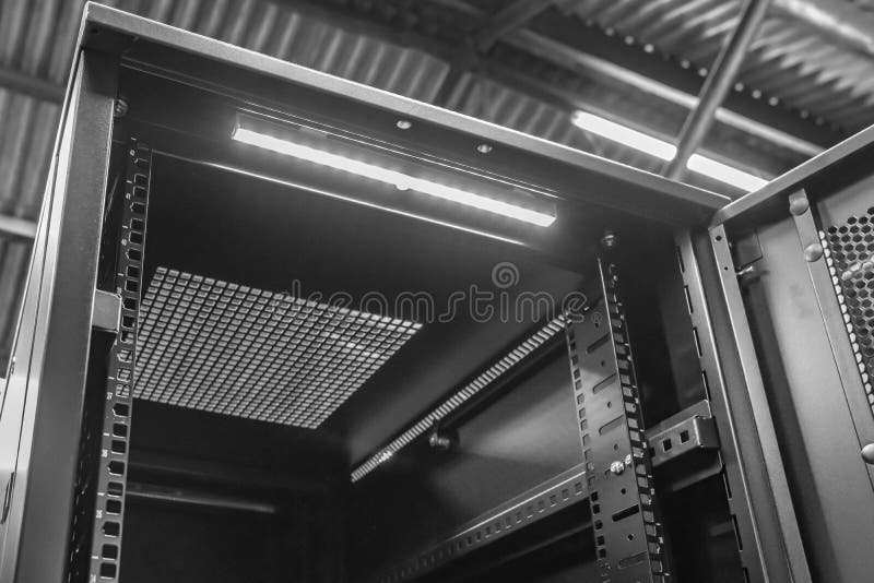 Close-up of an Opened Computer Server Cabinet Seen within an Industrial ...