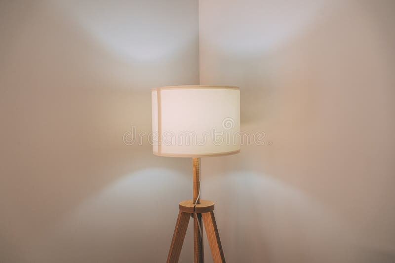 Floor Standing Lamp with Shade Casting Soft Light at Dark Room Interior ...