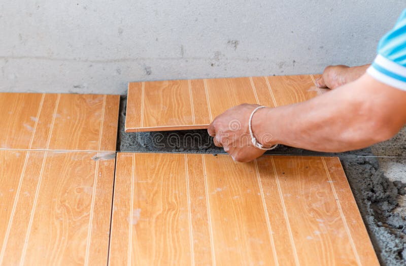 Floor Tile Installation for House Building Stock Photo - Image of ...