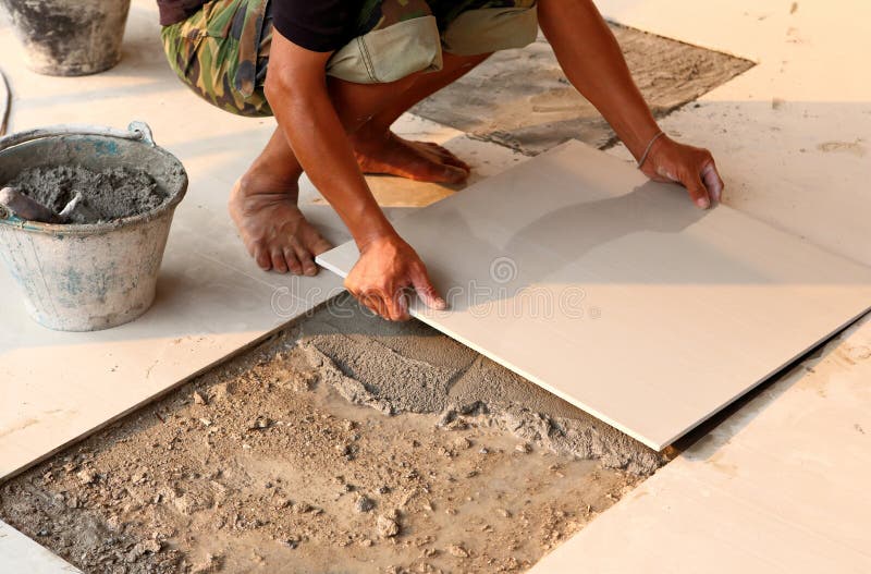 Floor Tile Installation for House Building Stock Photo - Image of home ...