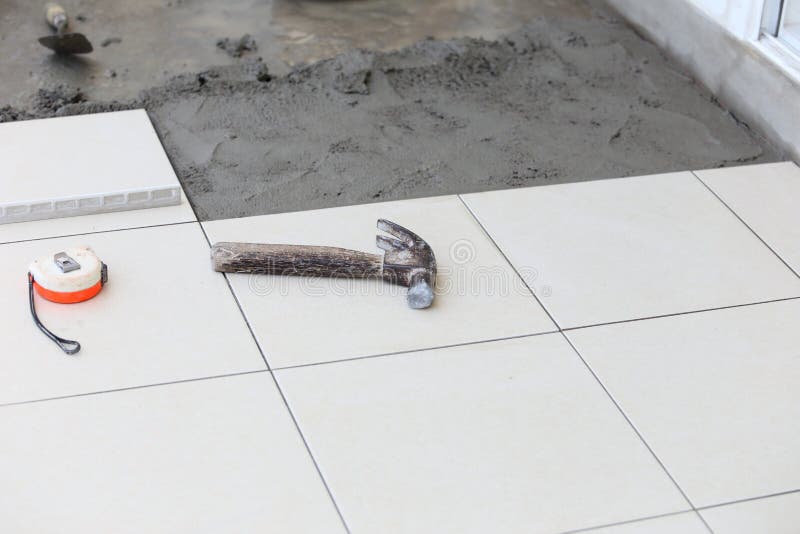 Floor Tile Installation for House Building Stock Image - Image of tool ...