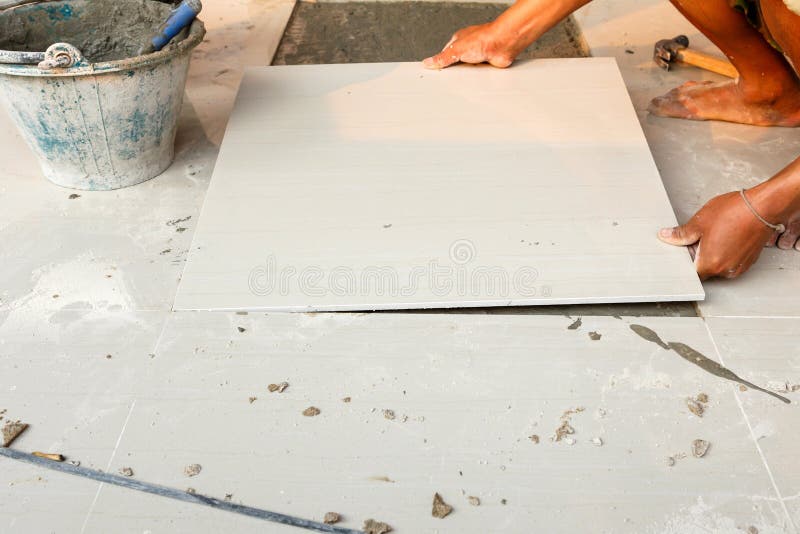 Floor Tile Installation for House Building Stock Photo - Image of ...