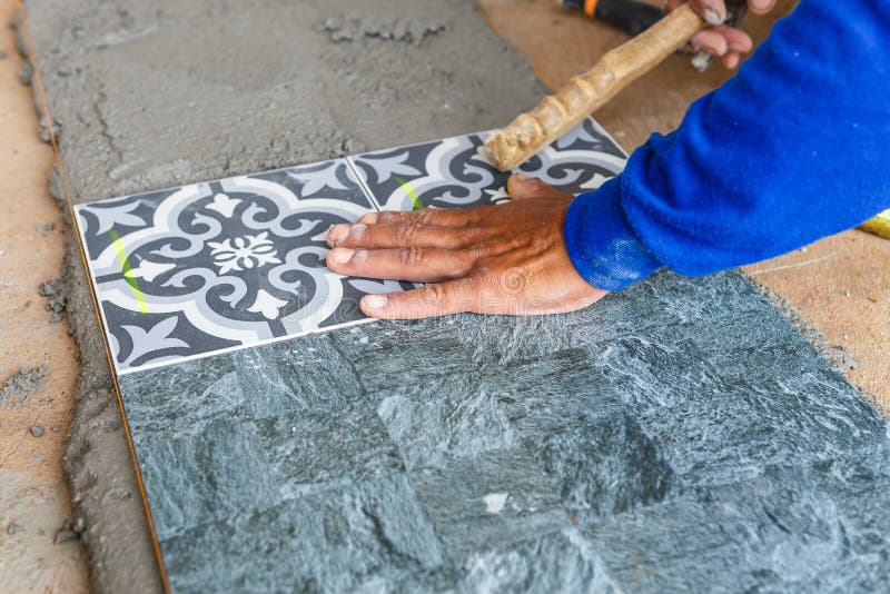 Floor Tile Installation for House Building Stock Image - Image of tool ...